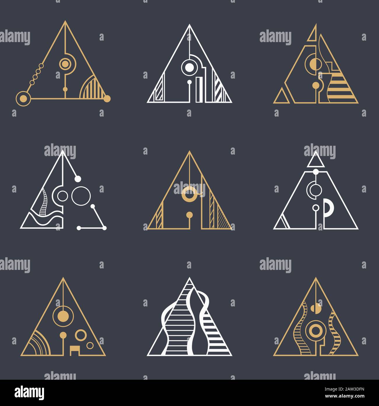 Collection of colored triangles, separated with lines and circles. Set ...