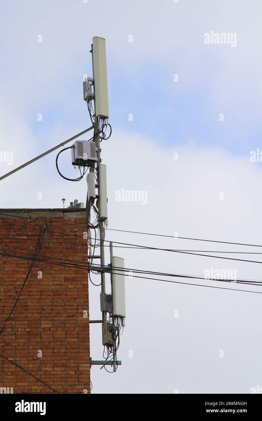 Base station mobile network antenna on a steel structure mast with a ...