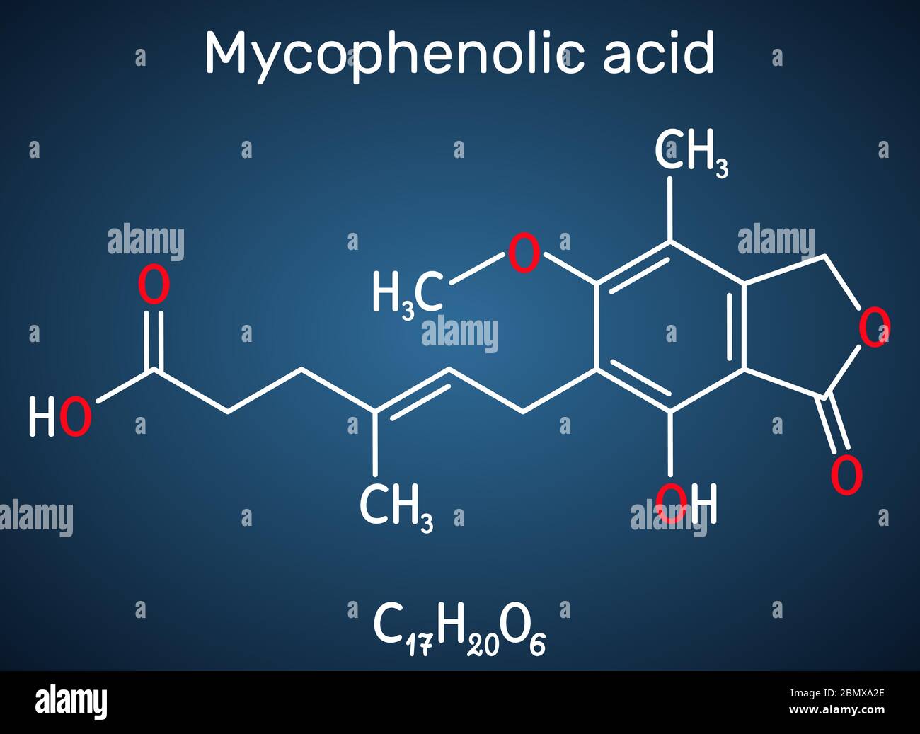 Mycophenolic acid, MPA, mycophenolate, C17H20O6 molecule. It is an ...