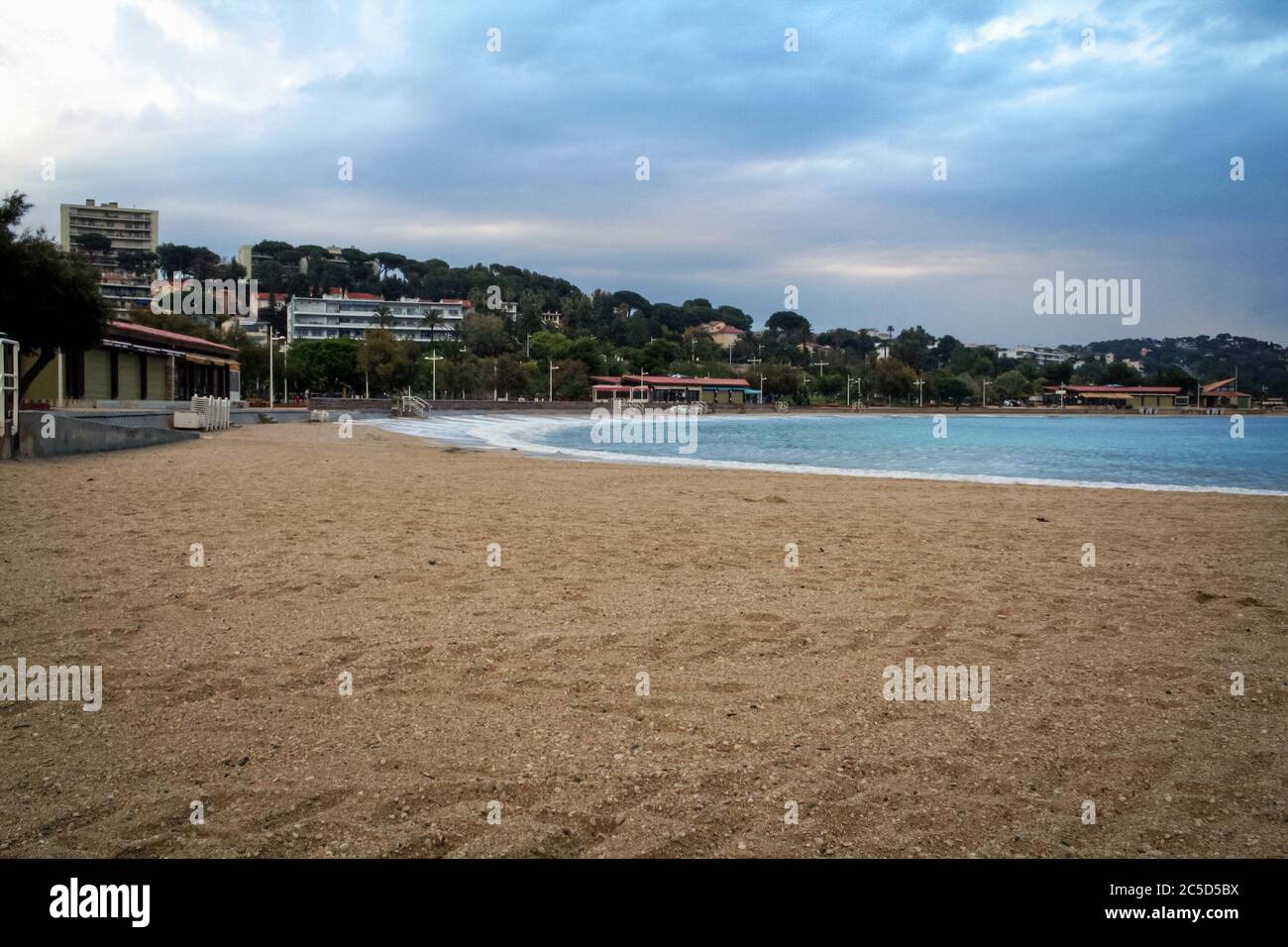 Plage du Mourillon beach, deserted, during a rainy cloudy afternoon ...