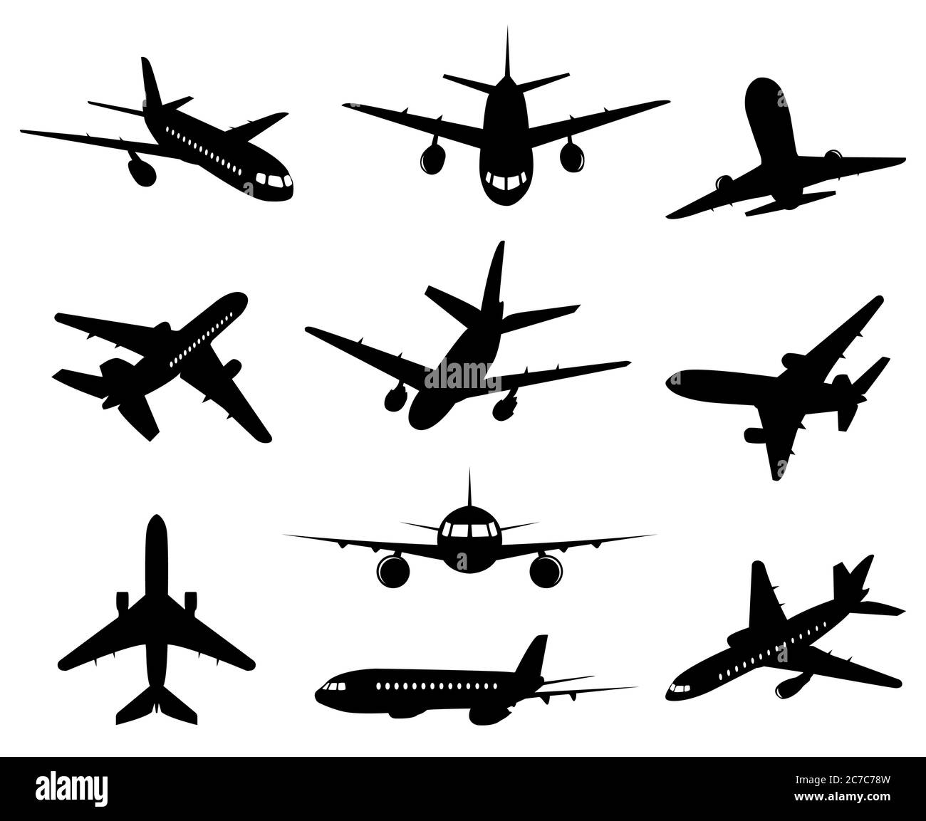 Airplane silhouette. Passenger plane landing, back front and bottom ...