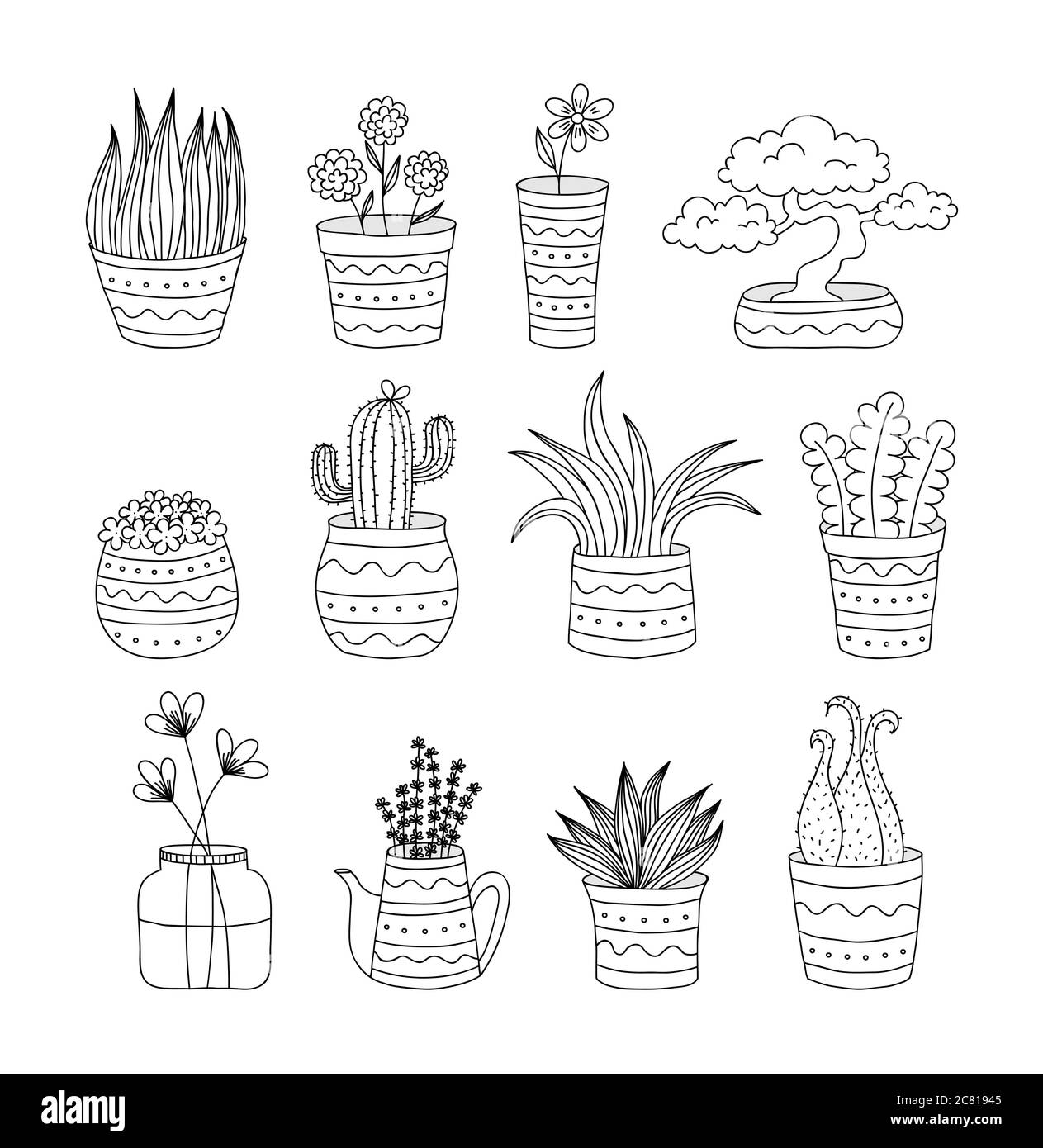 Collection of 12 doodle flower pots with various plants, suitable for ...