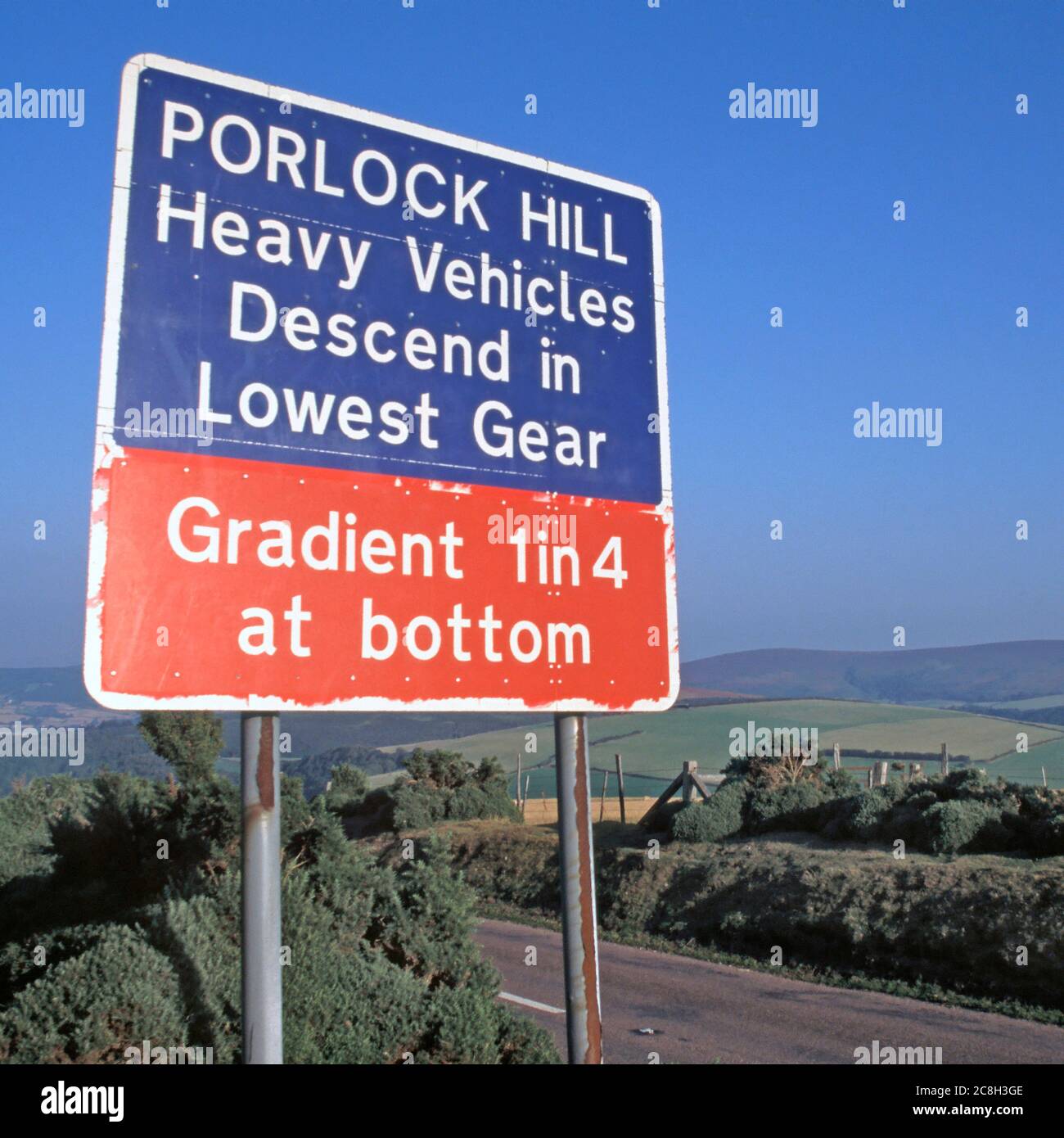 Road traffic warning sign at Porlock Hill on A39 steep gradient ...