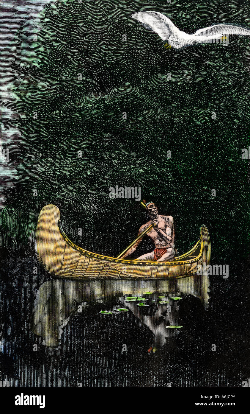 Native American in a canoe watching a snow goose flying. Hand-colored ...