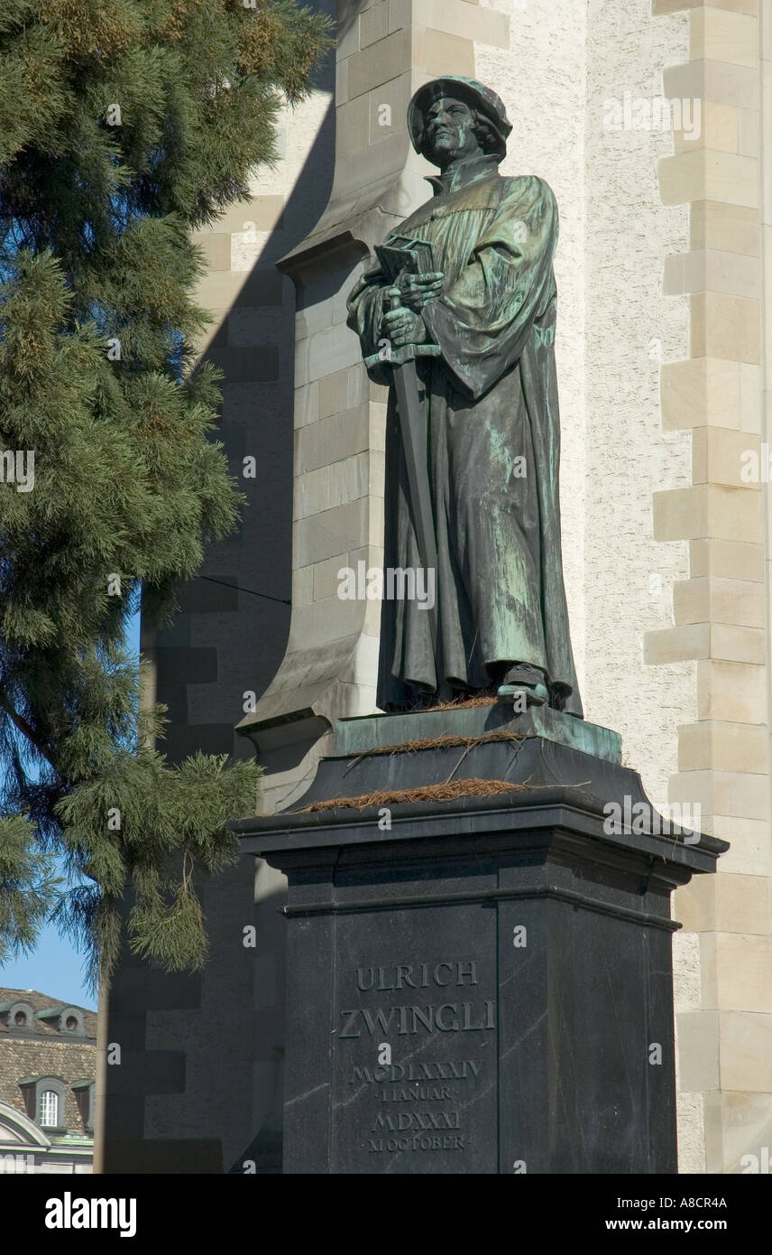 The statue of Ulrich Zwingli in the beautiful city of Zurich in Stock ...