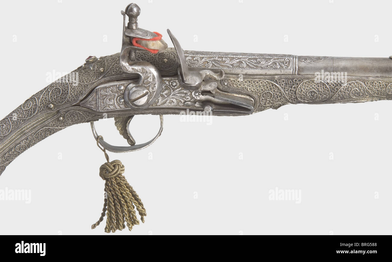 An Ottoman flintlock pistol with a silver filigree stock,19th century ...