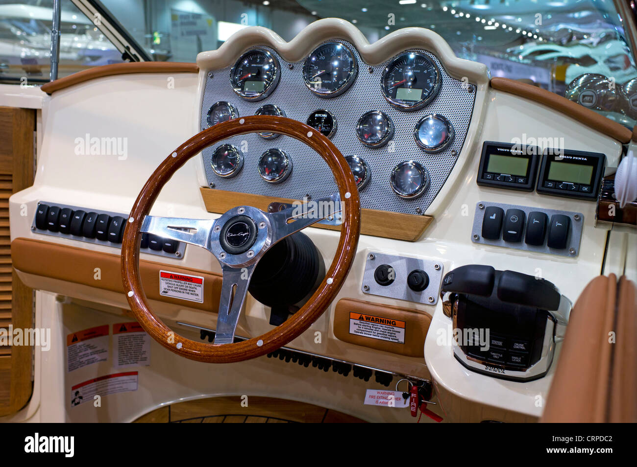 Controls and steering wheel of a motor boat on show at the London Stock ...