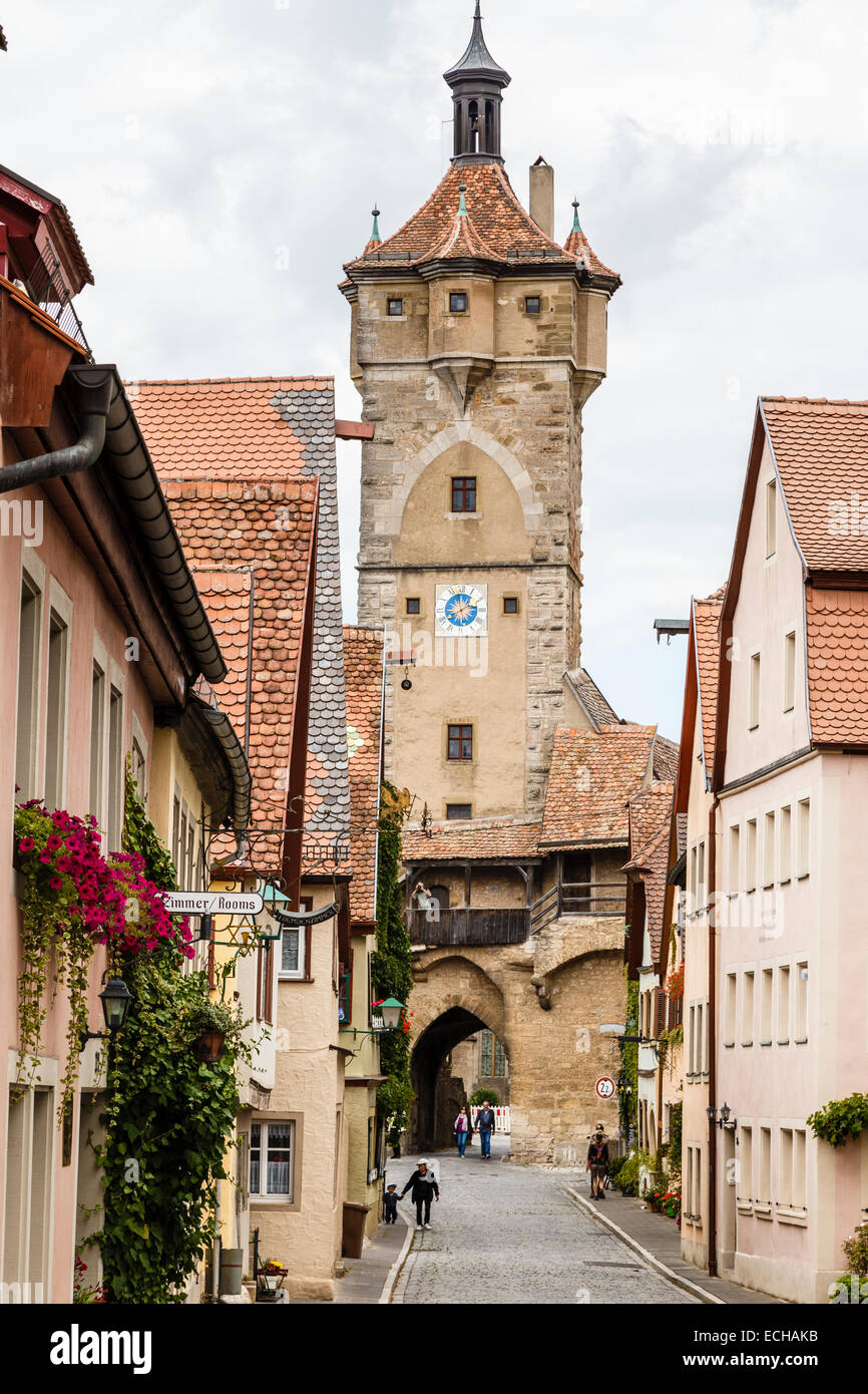 Street scene with Klingentor in background, Rothenburg ob der Tauber ...