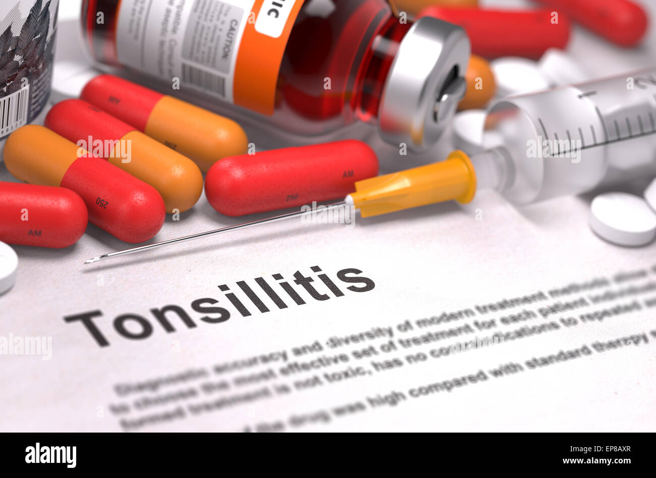 Tonsillitis - Printed Diagnosis with Red Pills, Injections and Stock ...
