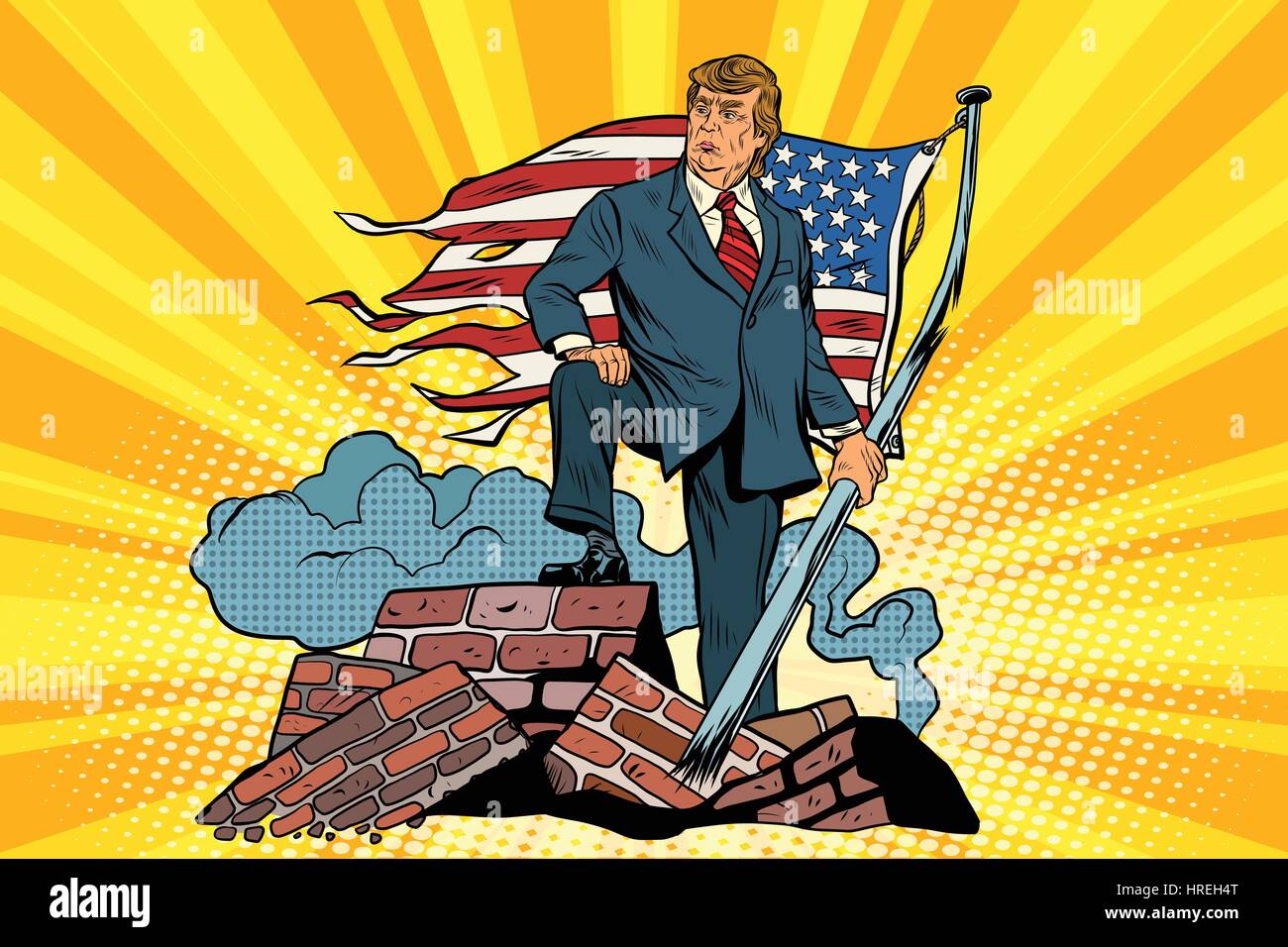 President Donald trump with USA flag, on the ruins. Comic book Stock ...
