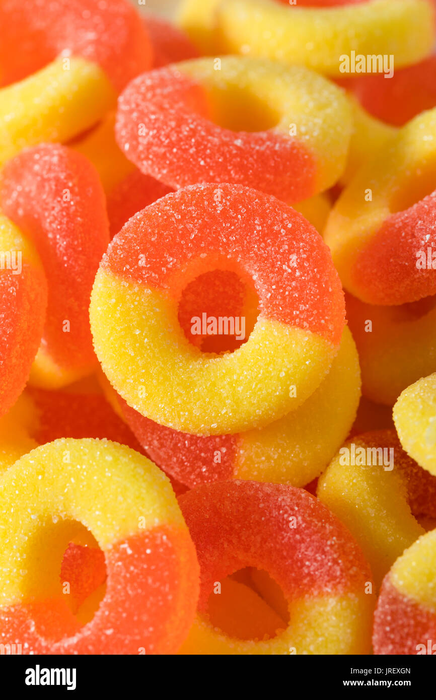 Sweet Sugary Peach Gummy Candy Rings Ready to Eat Stock Photo - Alamy