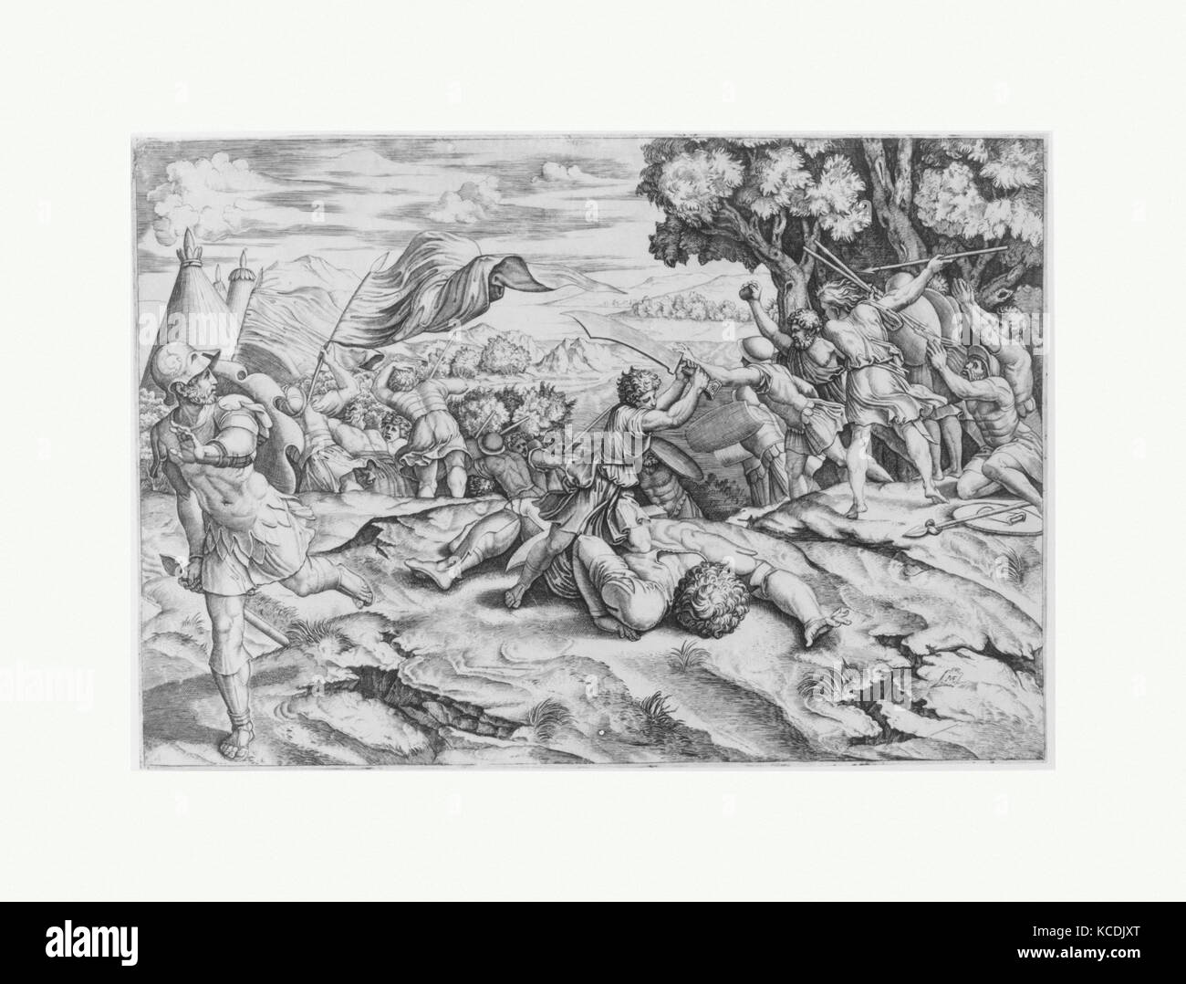 David raising sword to decapitate a fallen Goliath among battling Stock ...