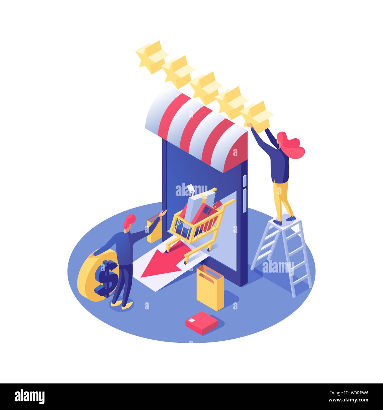 Online shop rating vector isometric illustration. Smartphone with ...